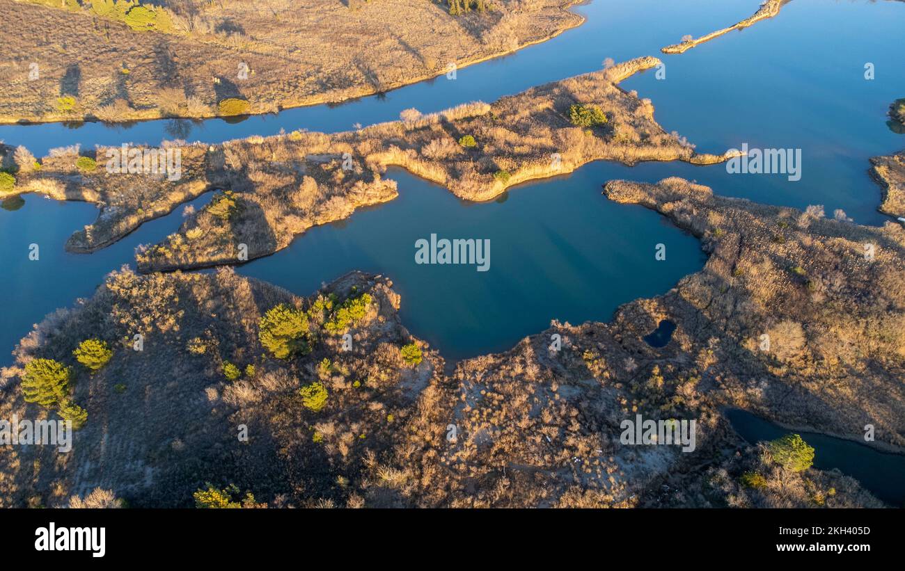 Aerial view of Ponds of Villepey at winter, protected aera. In Esterel ...