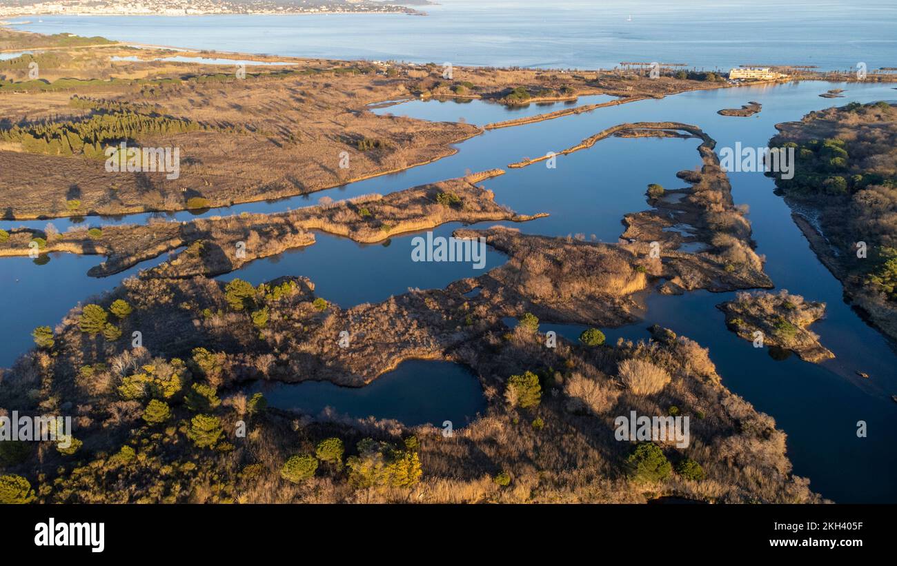 Aerial view of Ponds of Villepey at winter, protected aera. In Esterel ...