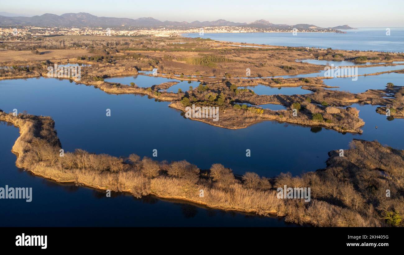 Aerial view of Ponds of Villepey at winter, protected aera. In Esterel ...