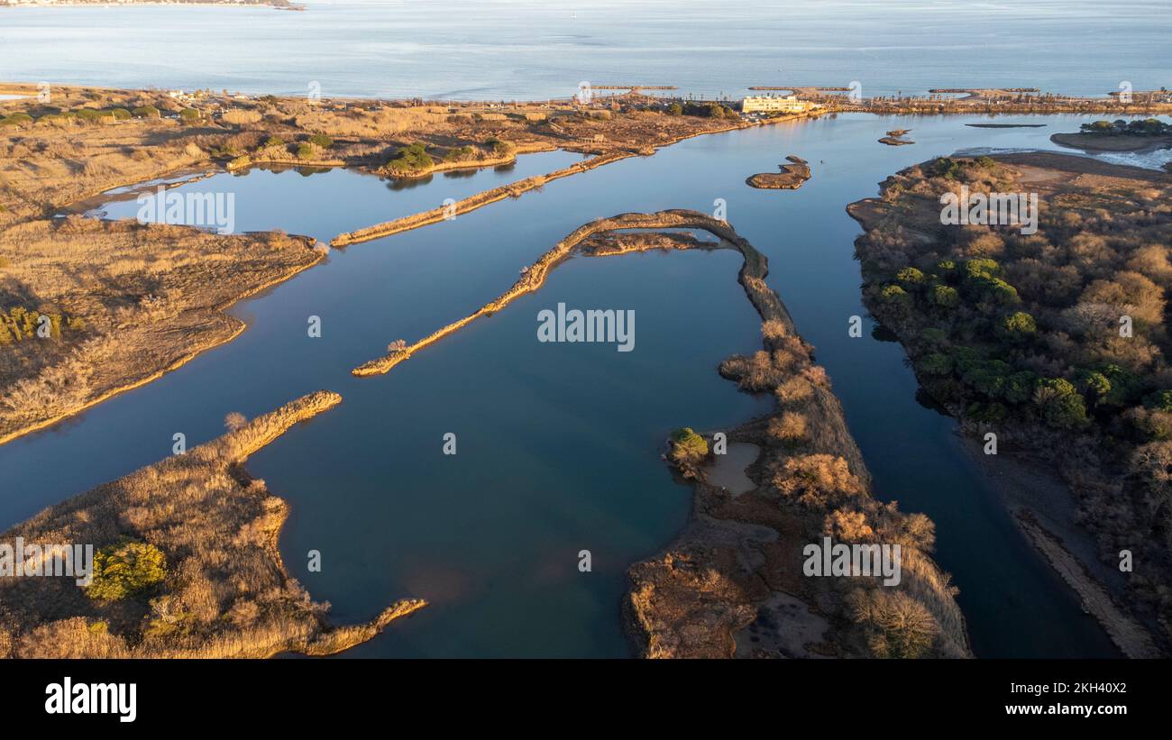 Aerial view of Ponds of Villepey at winter, protected aera. In Esterel ...