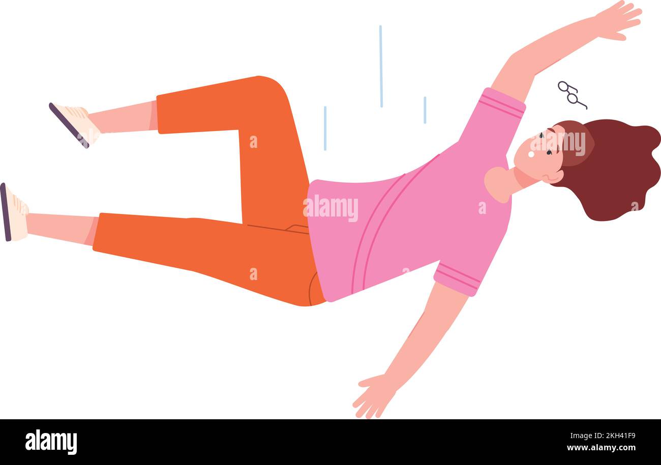 Falling accident. Woman drop down. Shocked person isolated on white ...