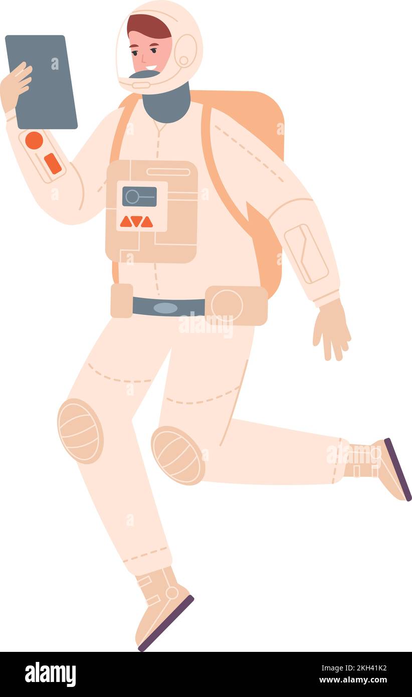 Female astronaut with tablet. Working space engineer isolated on white ...