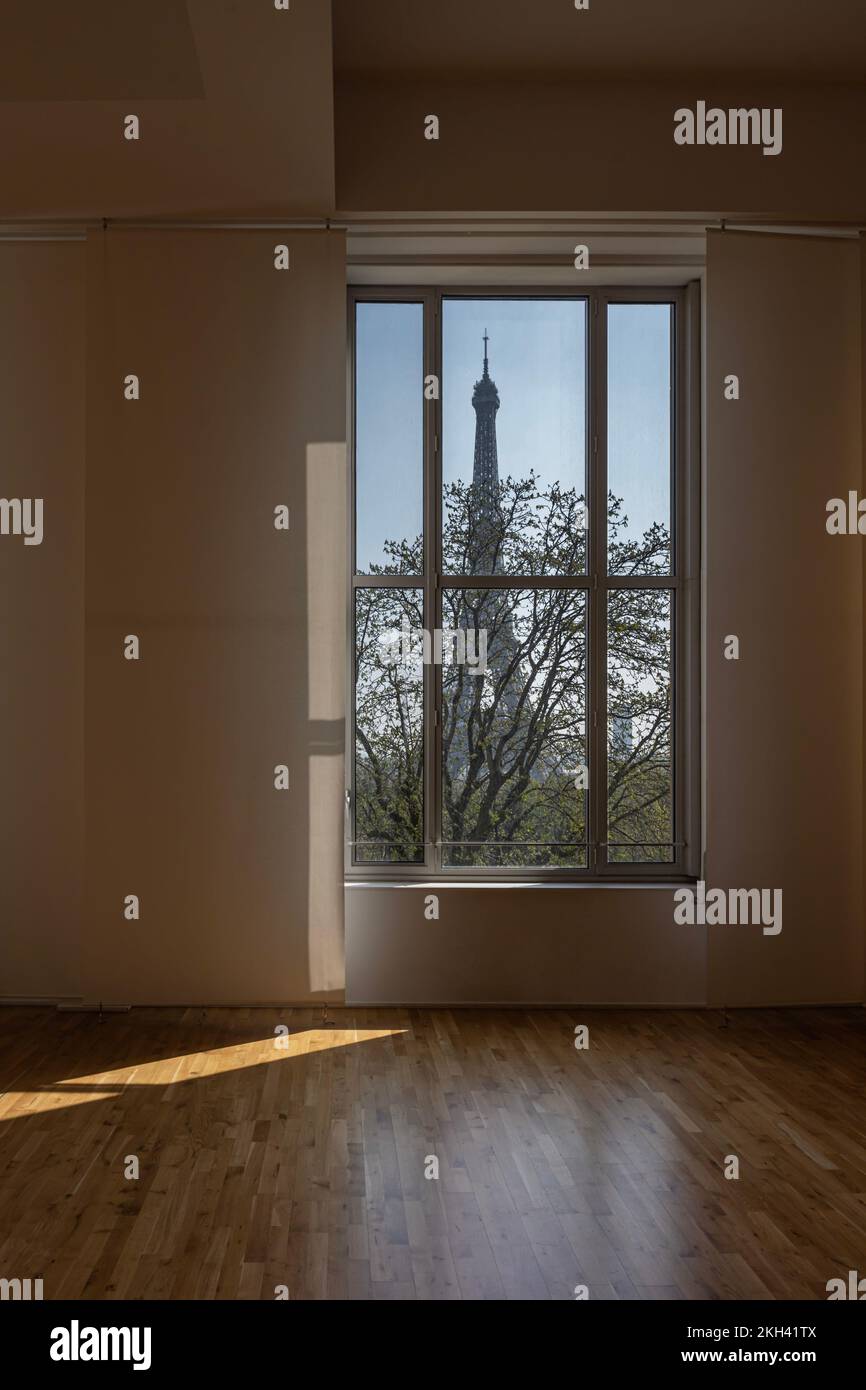 View of the Eiffel Tower and a tree through a window Stock Photo - Alamy