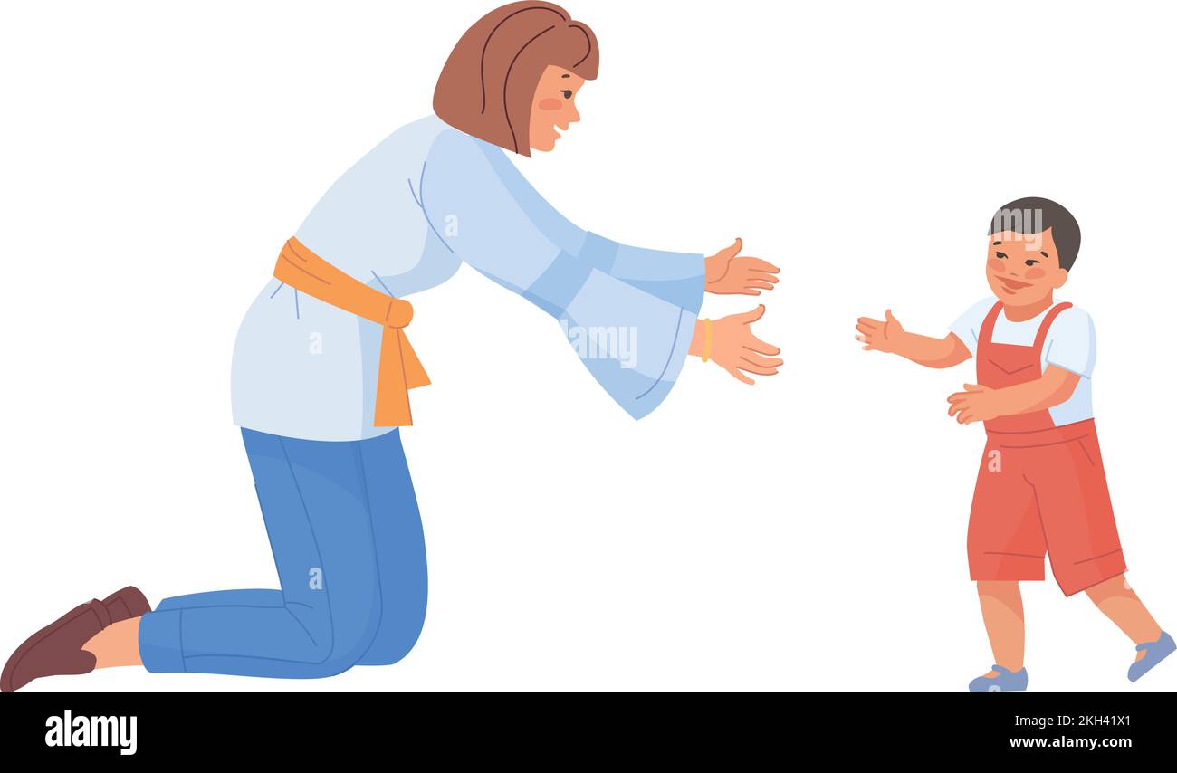 Baby go to mother. Young boy first steps isolated on white background ...