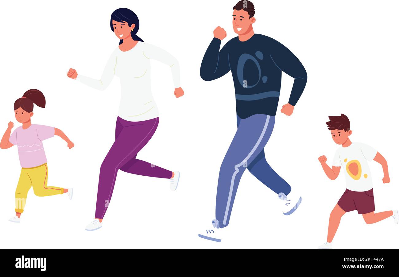 Family running exercise. Active sport parents with kids isolated on ...