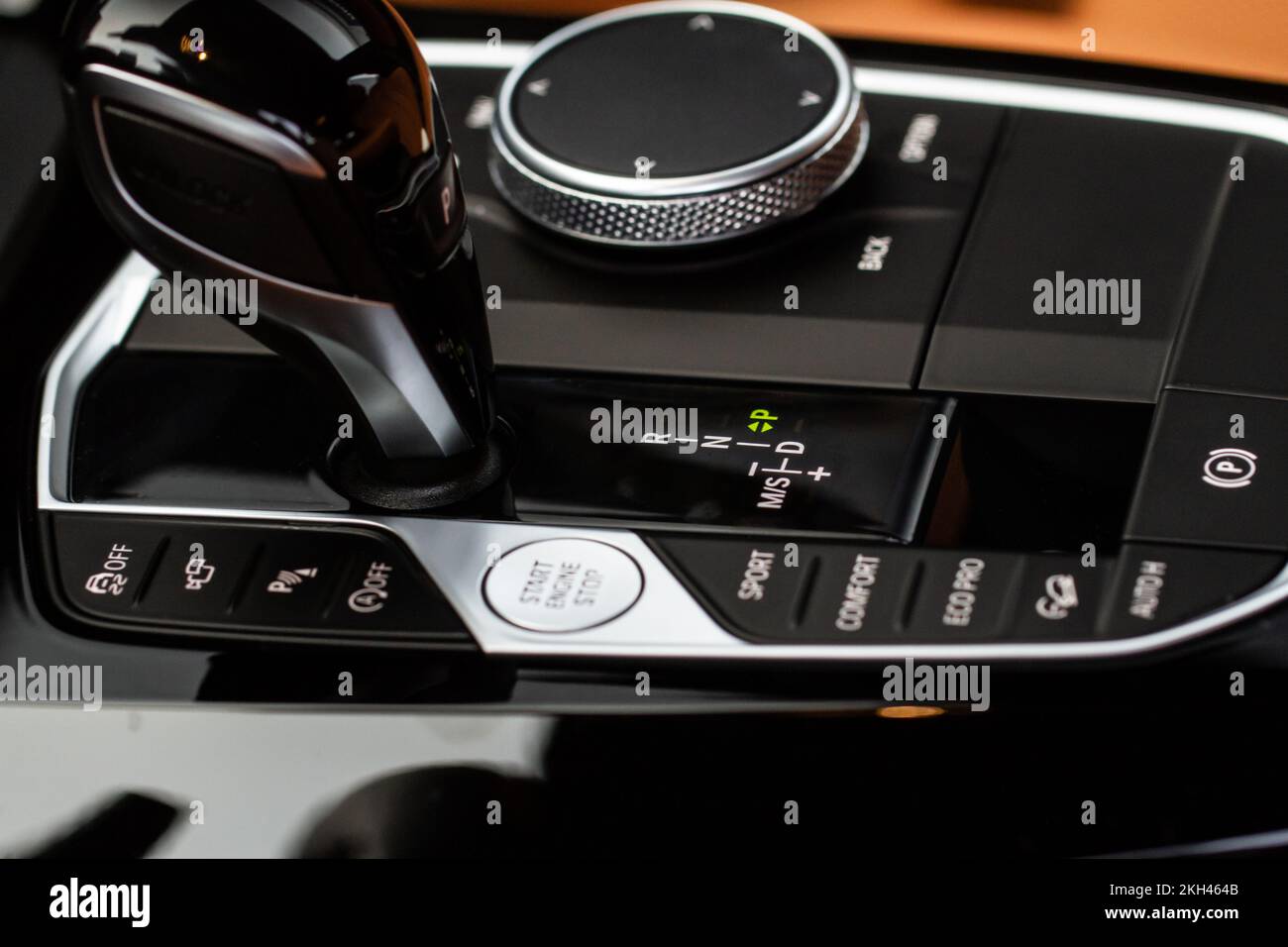 Modern car automatic gearbox. Gearbox control buttons. Gear selector ...