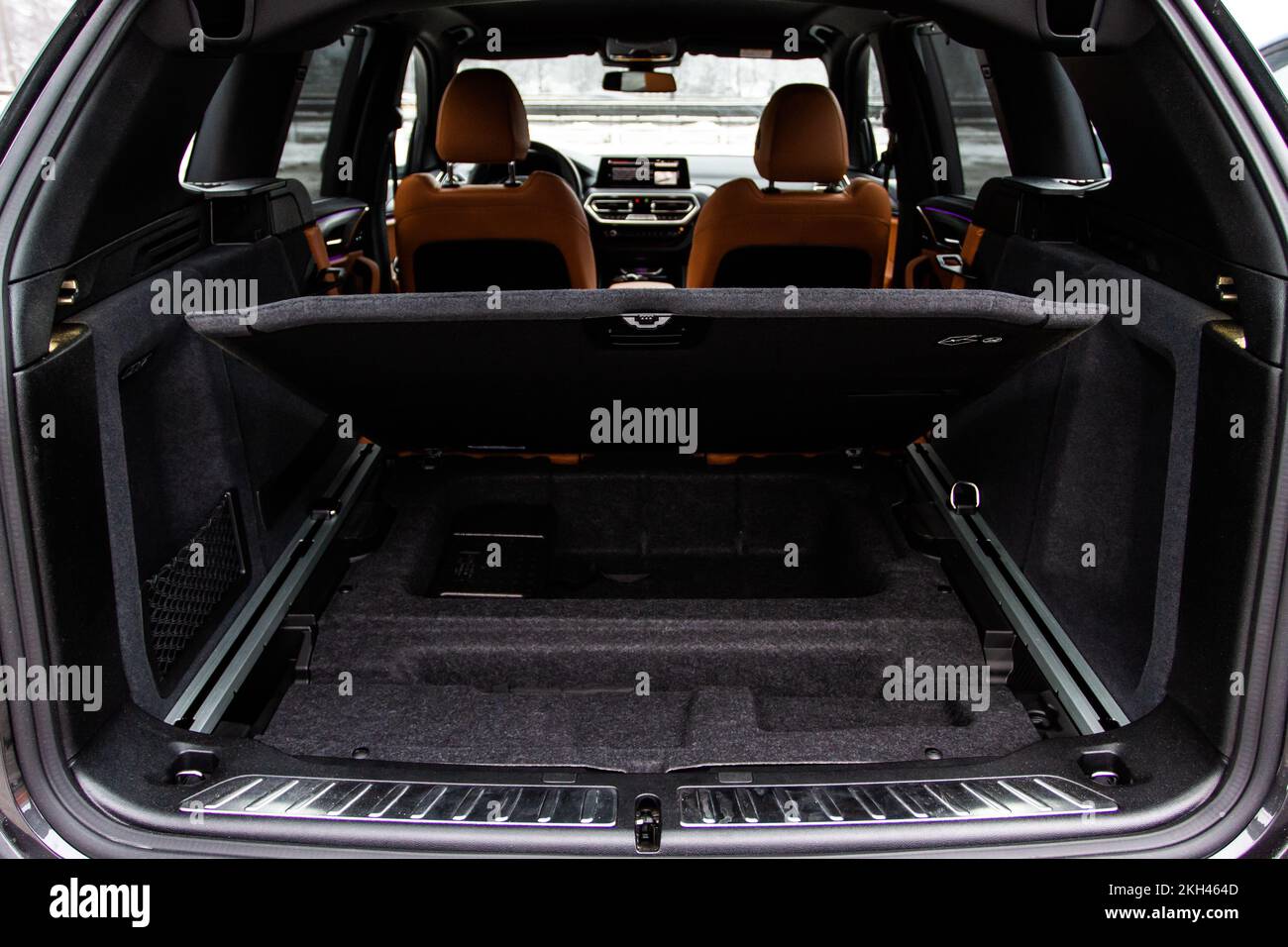 Huge, clean and empty car trunk in interior of compact suv. Rear view ...
