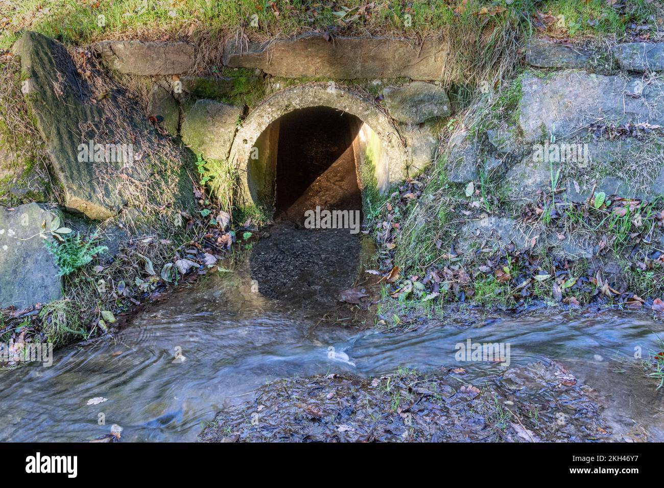 Clean transparent water flowing from concrete drainage pipe into a ...