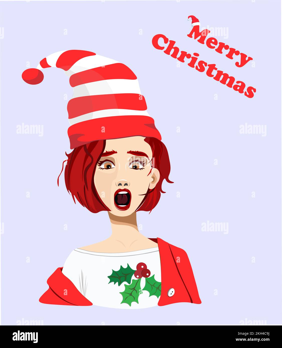 An illustration of a woman with short red hair and a scared face in ...