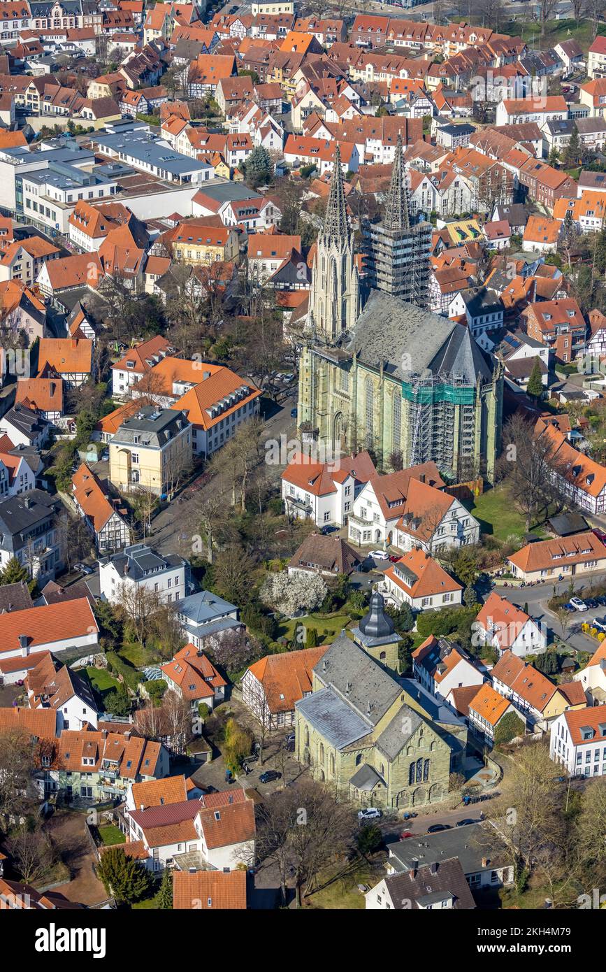 Aerial view, renovation of the evang. church Sankt Maria zur Wiese ...
