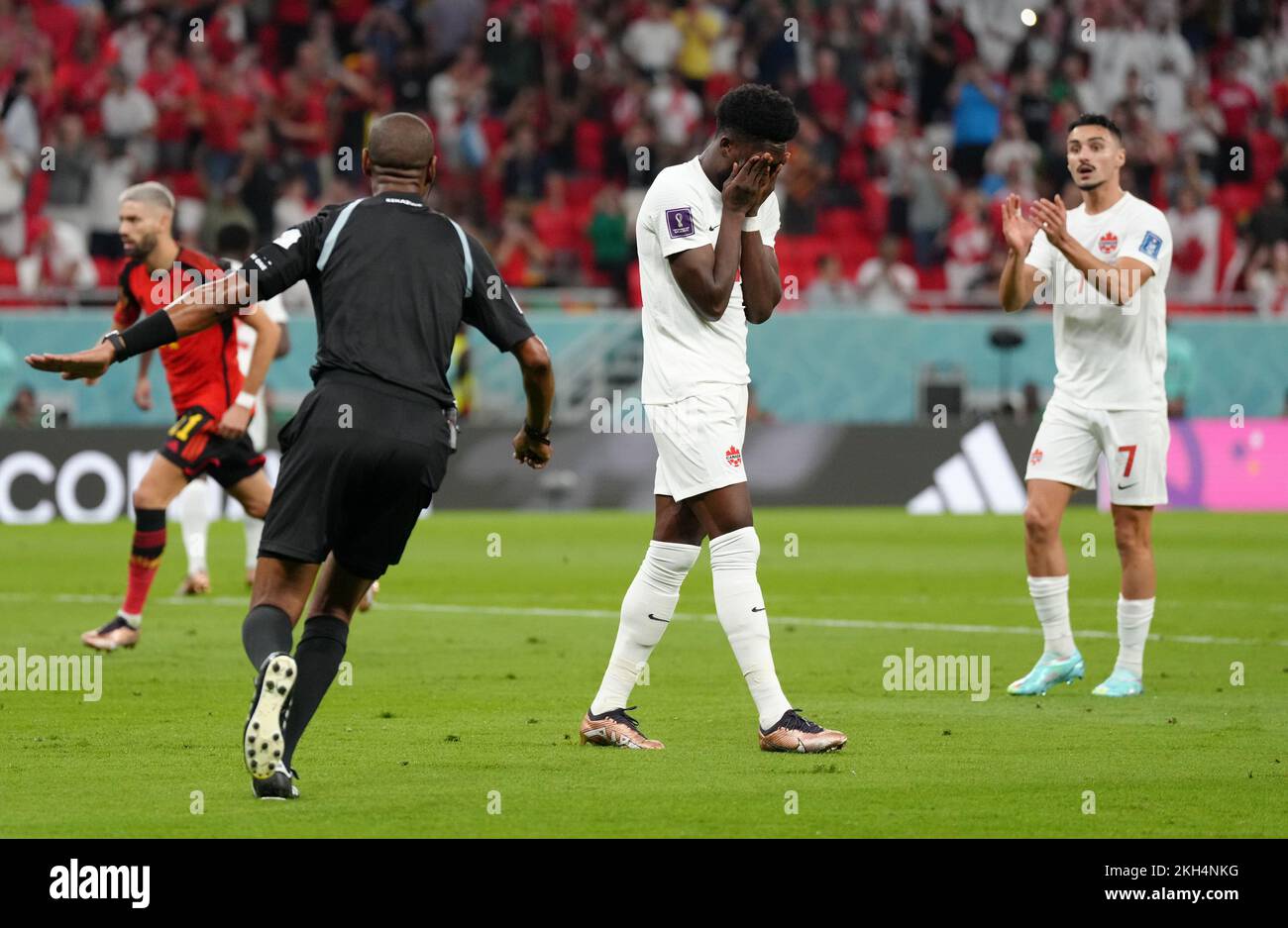 Canada's Alphonso Davies reacts after his penalty is saved during the ...
