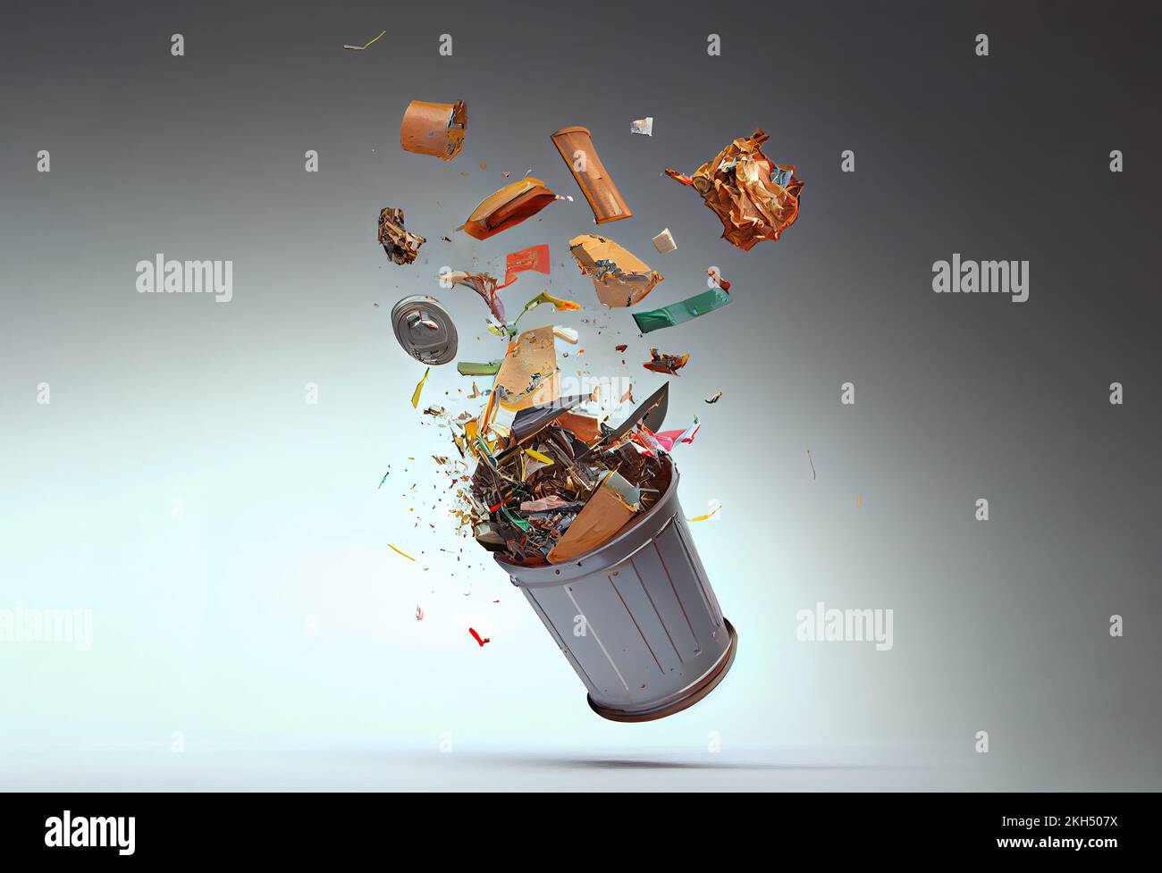 There are garbage cans all over the place on a white background ...