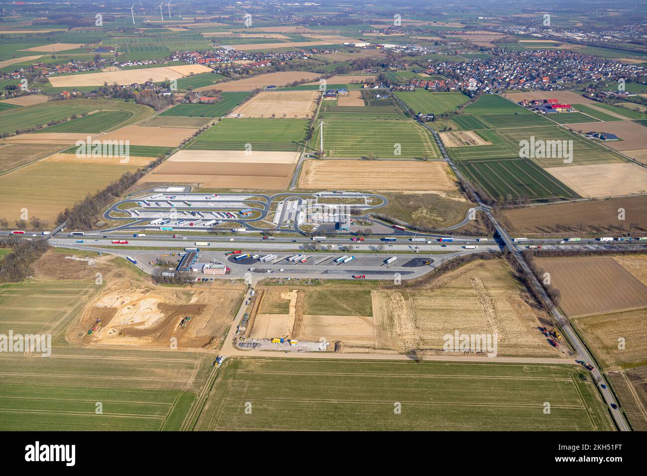 Aerial view, freeway service area Am Haarstrang at freeway A44 ...