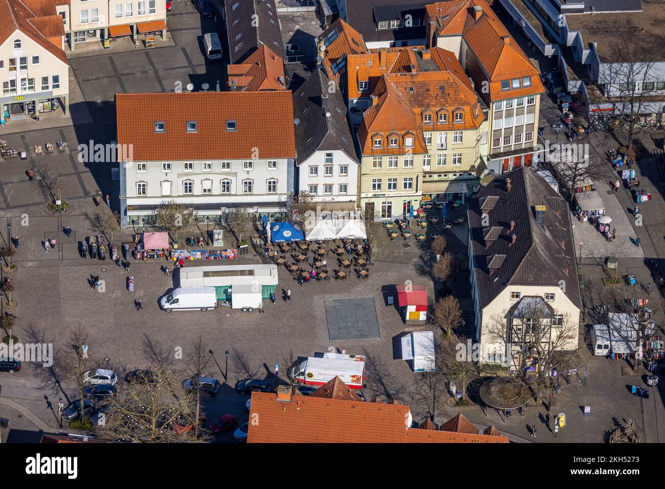 Aerial view, market and outdoor gastronomy at the Alter Markt in the ...