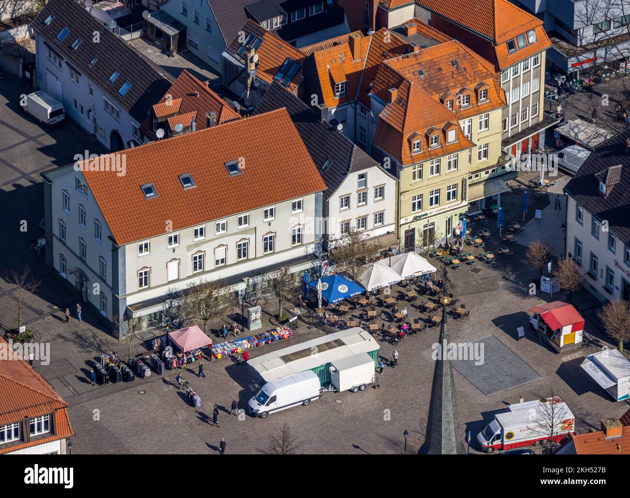 Aerial view, market and outdoor gastronomy at Alter Markt in the old ...