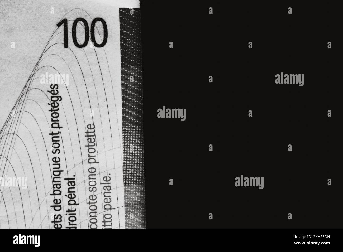 Selective focus on detail of 100 swiss franc banknote. Close up macro ...