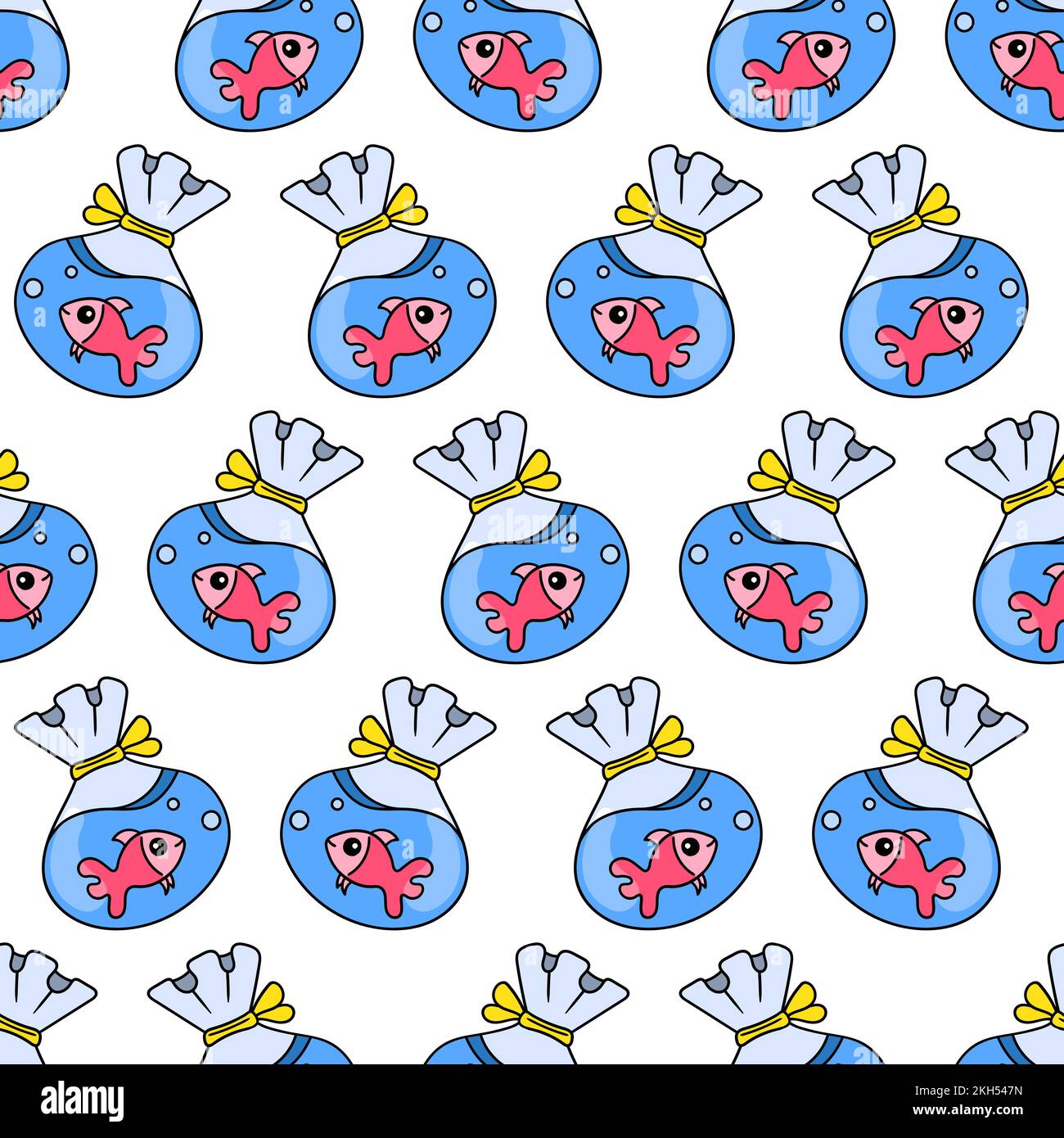 A set of cartoon fish in plastic bags isolated on white background ...