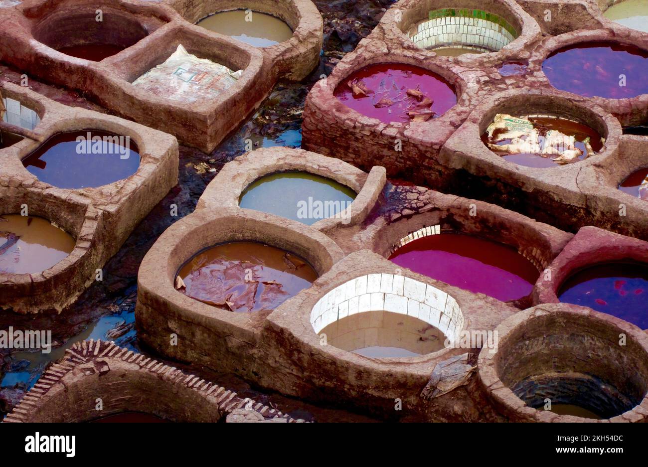 Fez, Morocco - Traditional leather tanning vats. Intentional grain in ...