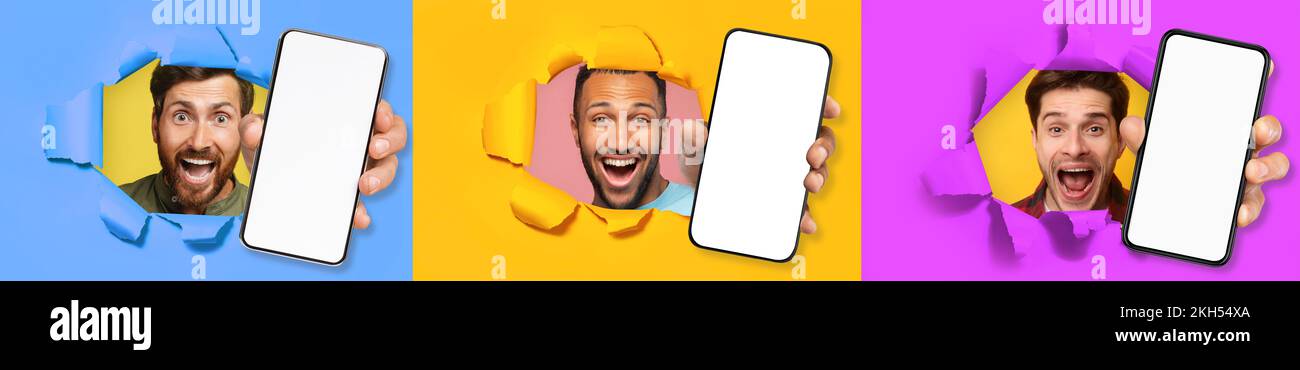 Three excited young multicultural men holding three big cell phones ...