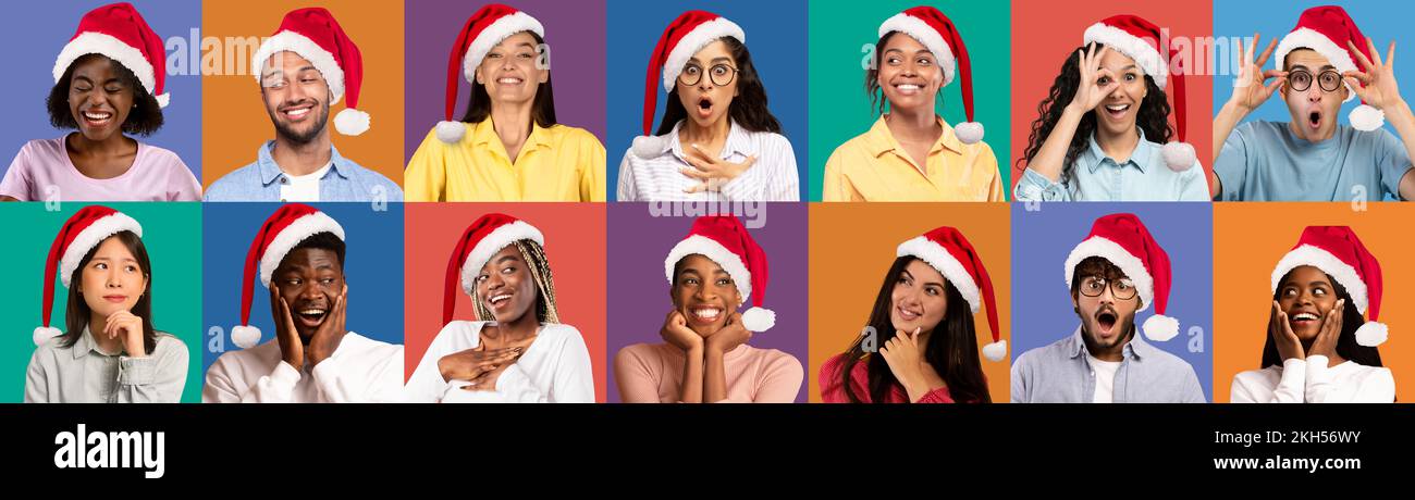Collage with diverse men and women wearing santa hats over colorful ...