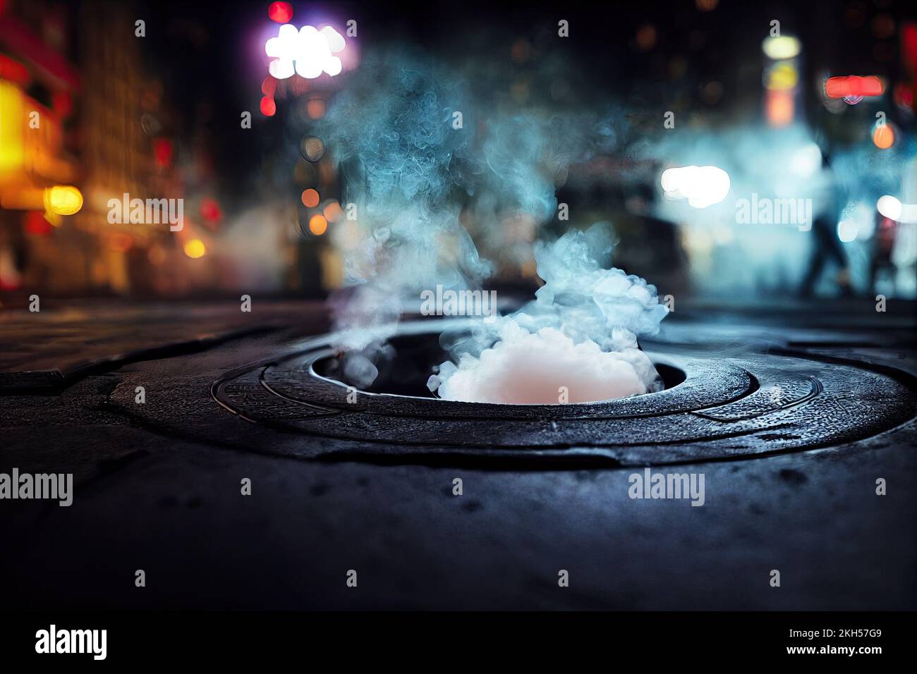 manhole on a blurred background of Times Square during shows and a ...