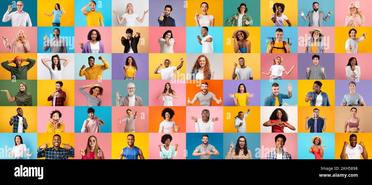 Collage with faces of diverse happy multiethnic people standing over ...