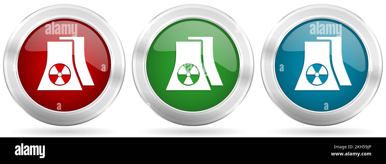 Nuclear power plant vector icon set. Red, blue and green silver ...