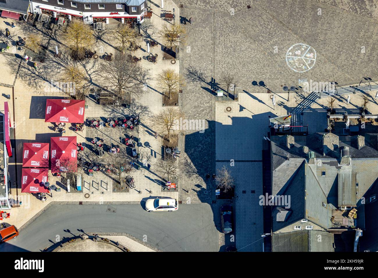 Aerial view, outdoor restaurant at Cafe Extrablatt, Peace sign and ...
