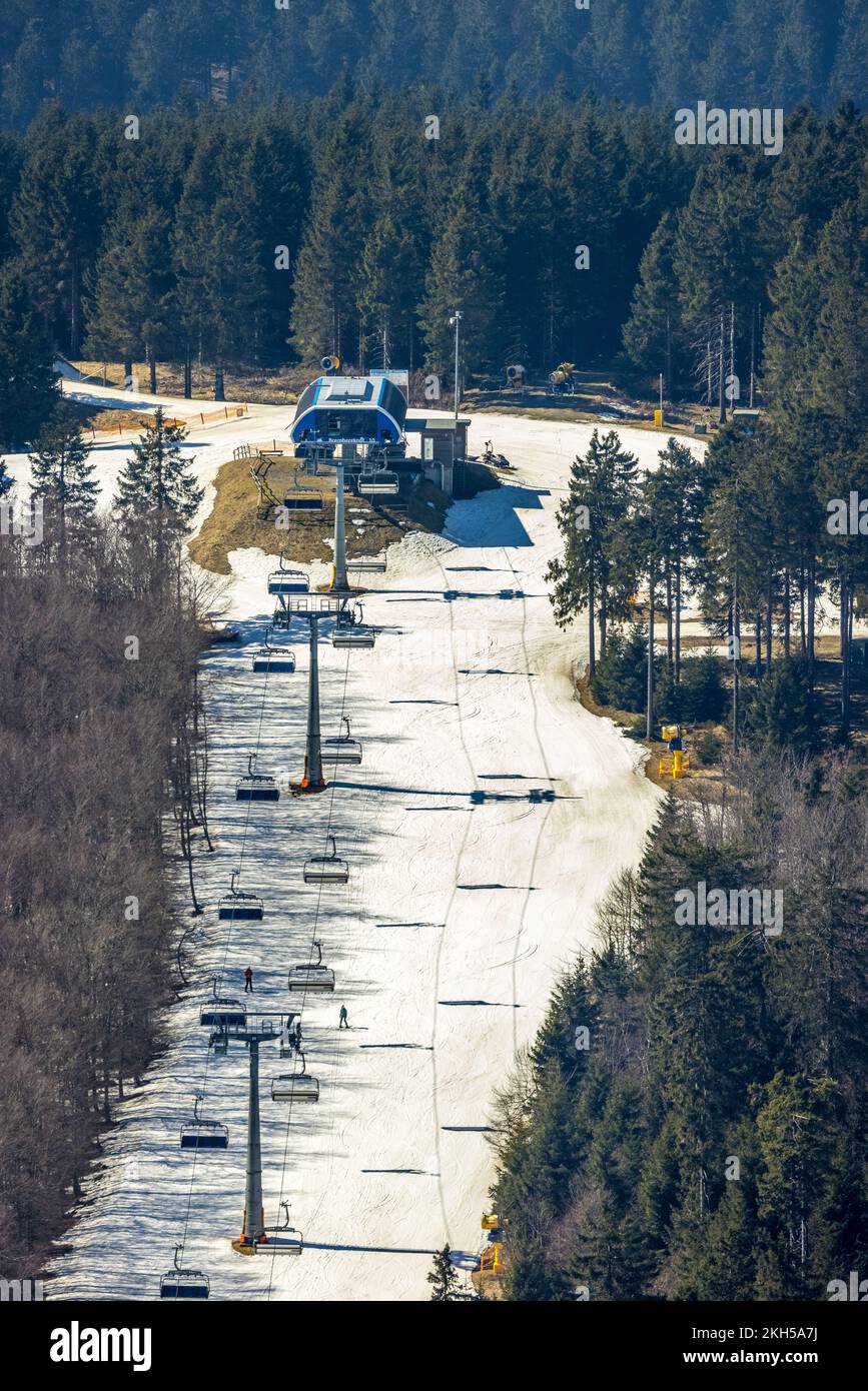 Aerial view, snow slope with chairlift Brembergkopf 10, Winterberg ...