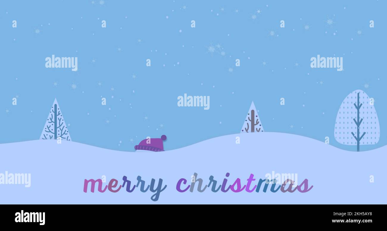 Composite of snow falling over christmas greetings text on blue ...