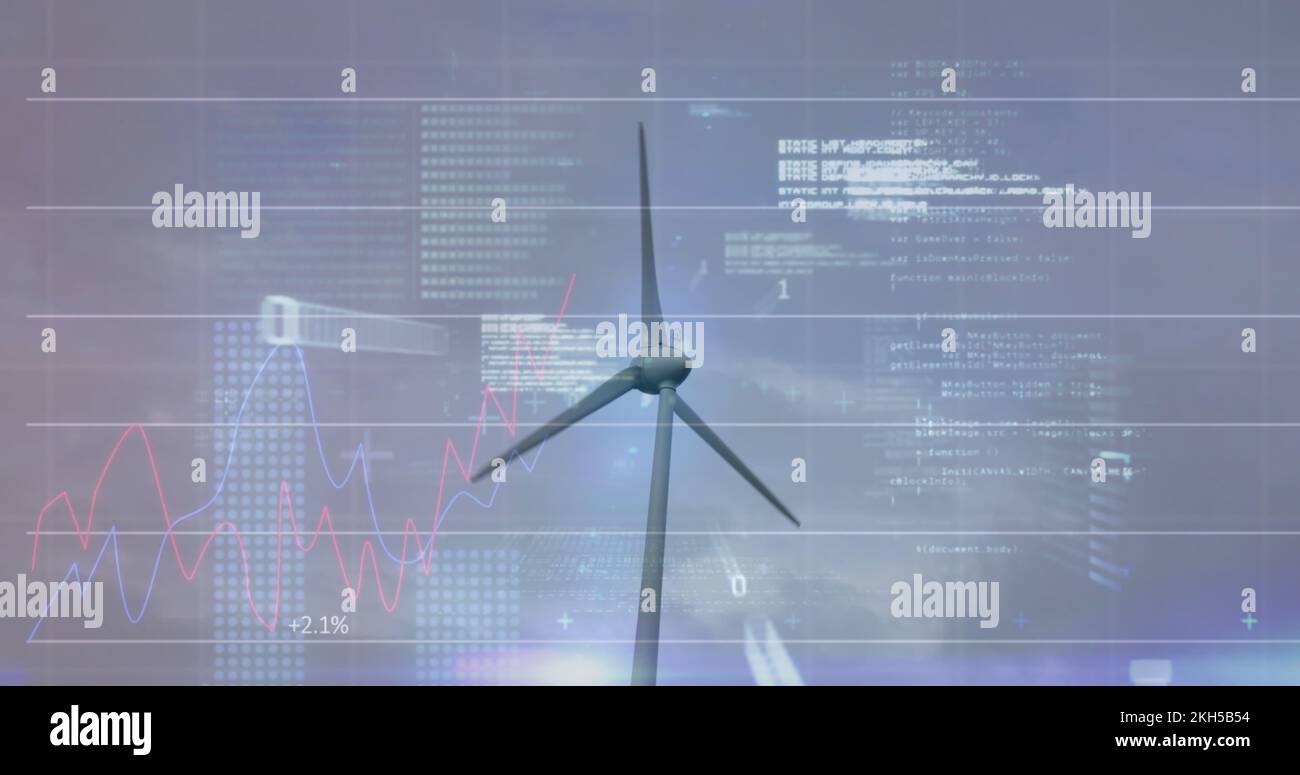 Image of wind turbine turning, data processing and stock exchange graph ...