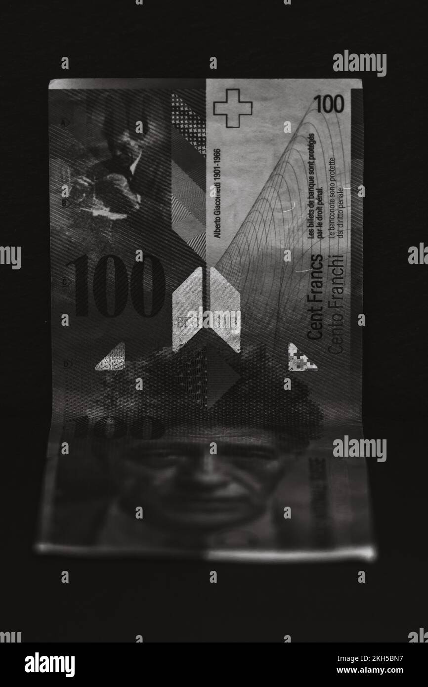 Selective focus on detail of 100 swiss franc banknote. Close up macro ...