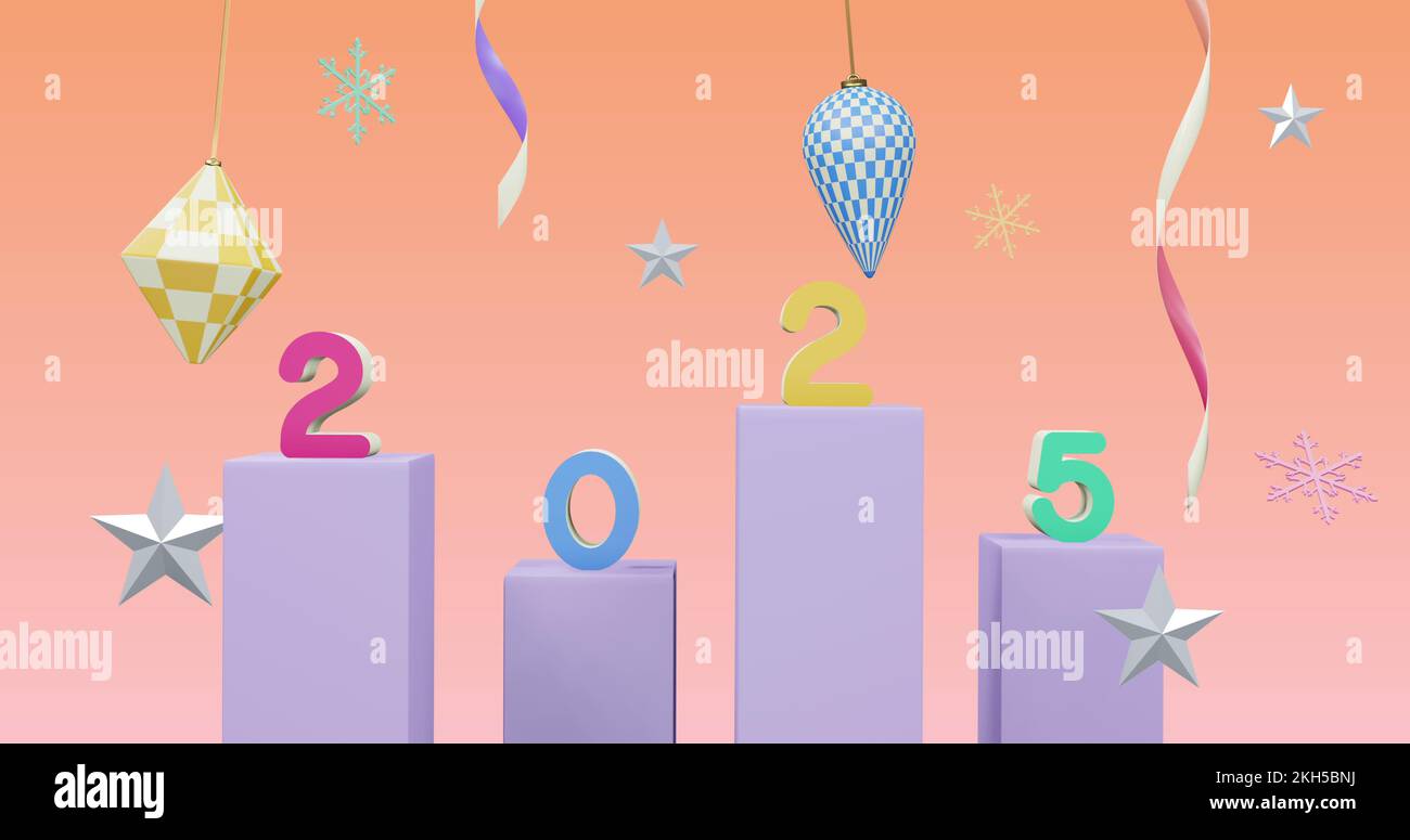 Image of 2025 number over new year and christmas decorations on pink ...