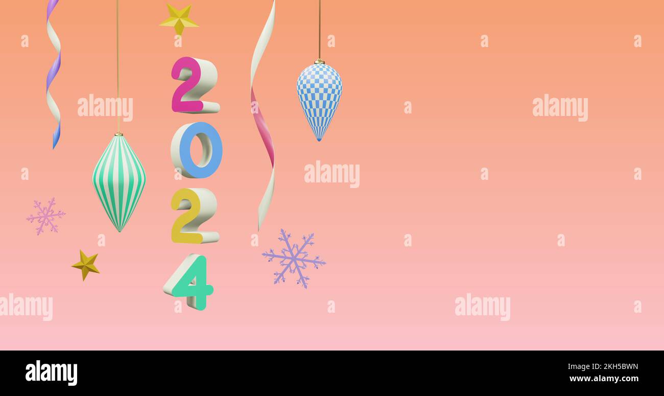 Image of 2024 number over new year and christmas decorations on pink ...