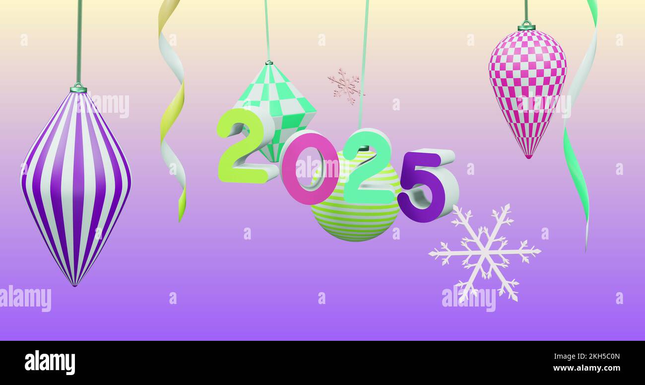 Image of 2025 number over new year and christmas decorations on purple ...