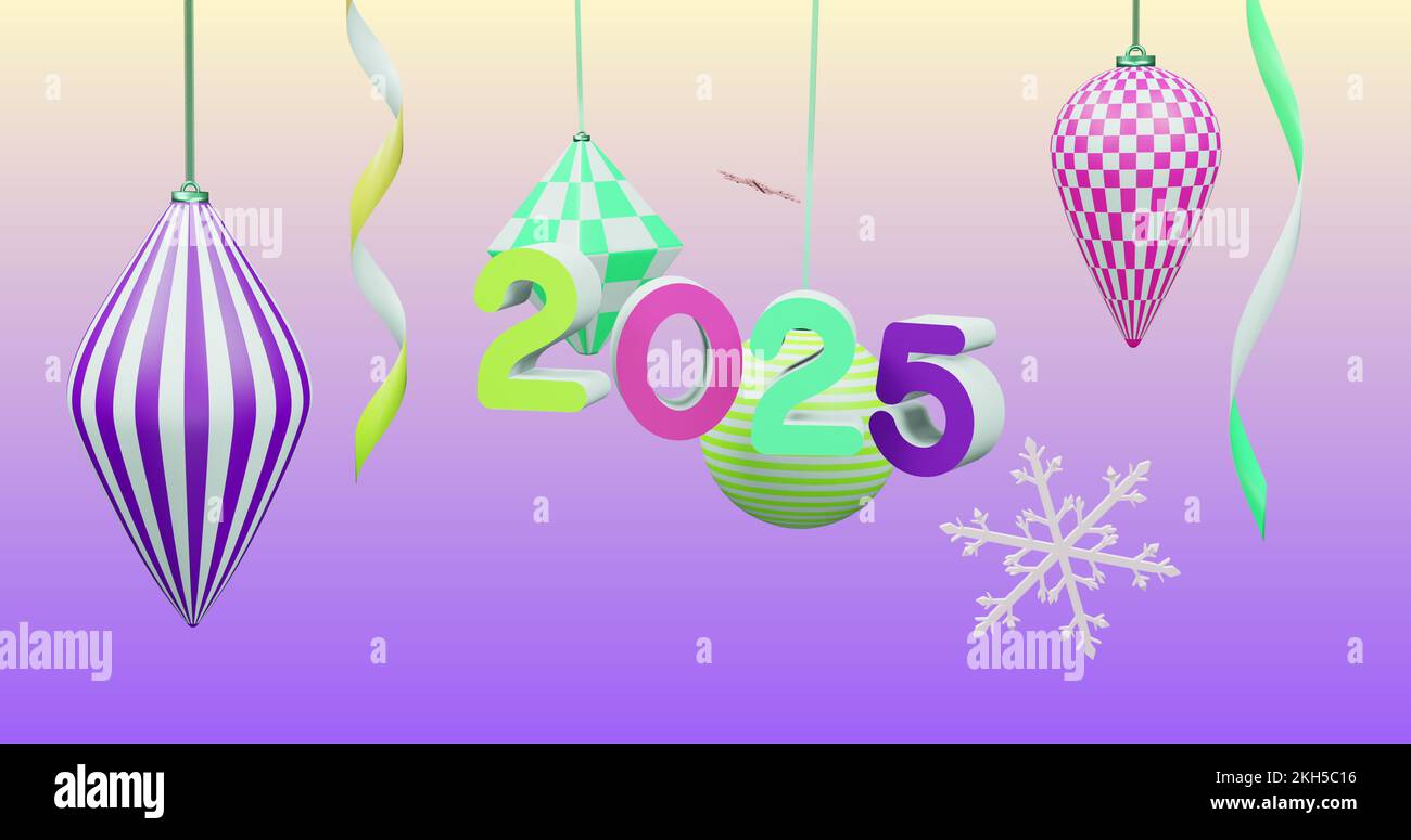 Image of 2025 number over new year and christmas decorations on purple ...