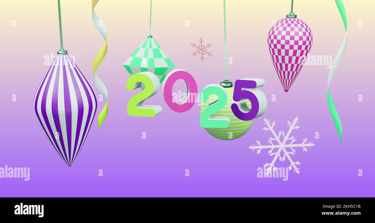 Image of 2025 number over new year and christmas decorations on purple ...