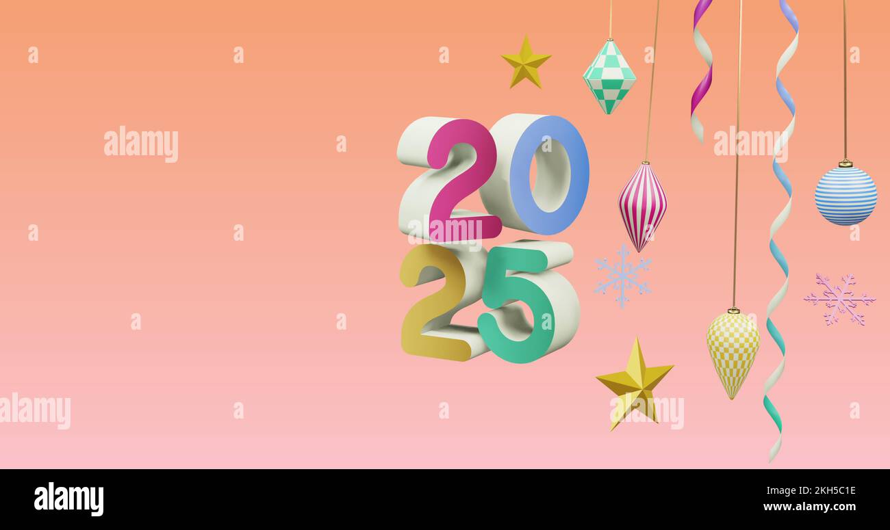 Image of 2025 number over new year and christmas decorations on pink ...