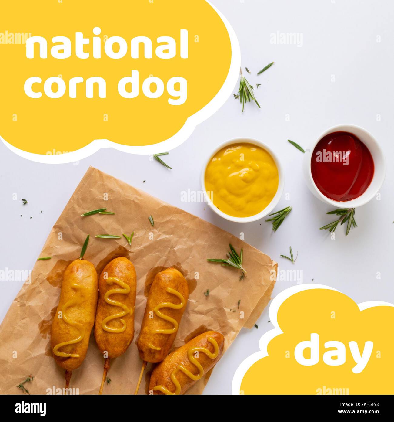 Composition of national corn dog day text over corn dogs, ketchup and ...