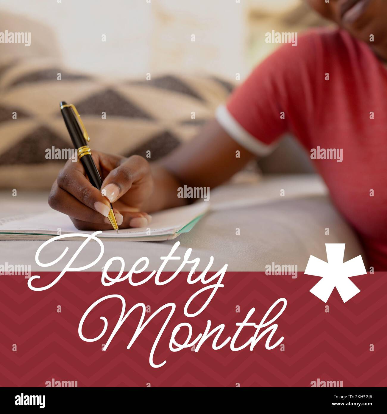 Composition of national poetry month text over african american woman ...