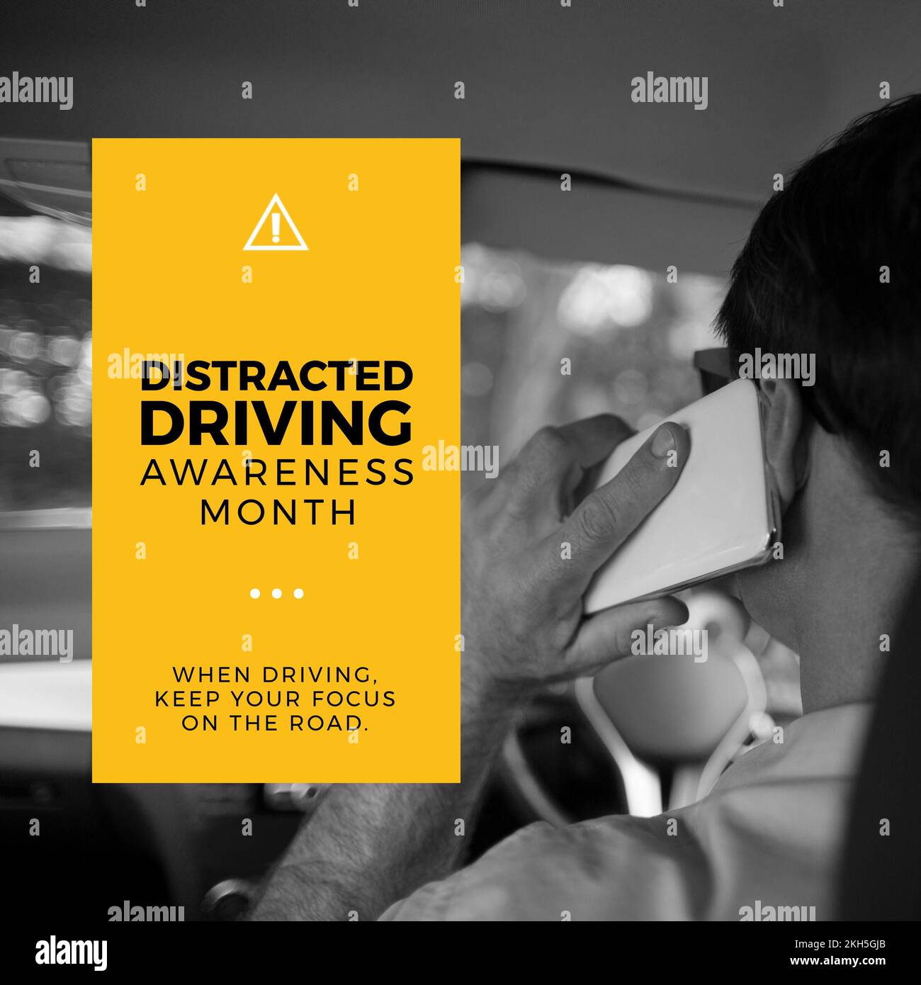 Composition of distracted driving awareness month text over caucasian ...