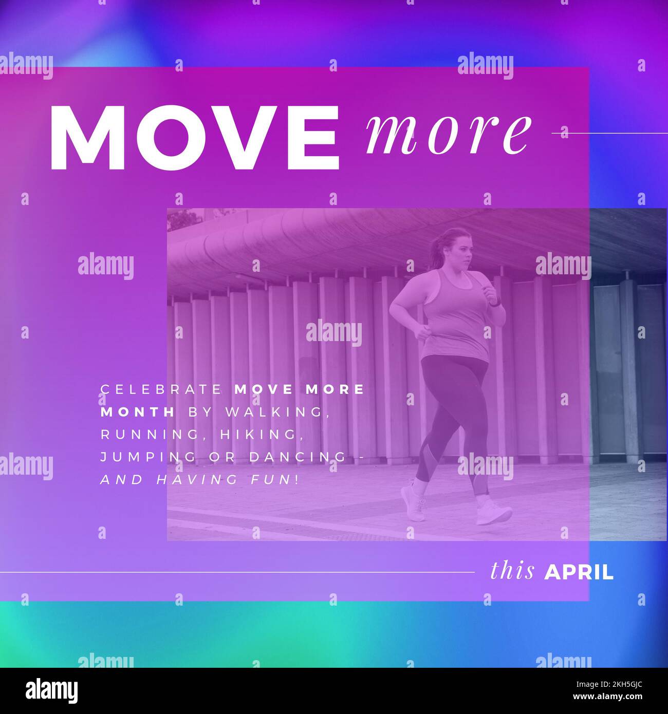 Composition of move more month text and woman running outdoors Stock ...