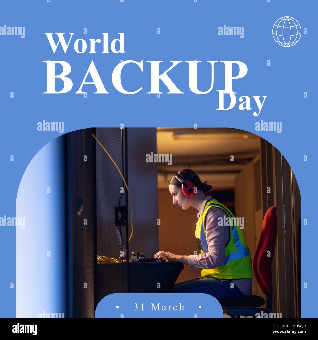 Composition of world backup day text over caucasian woman using laptop ...
