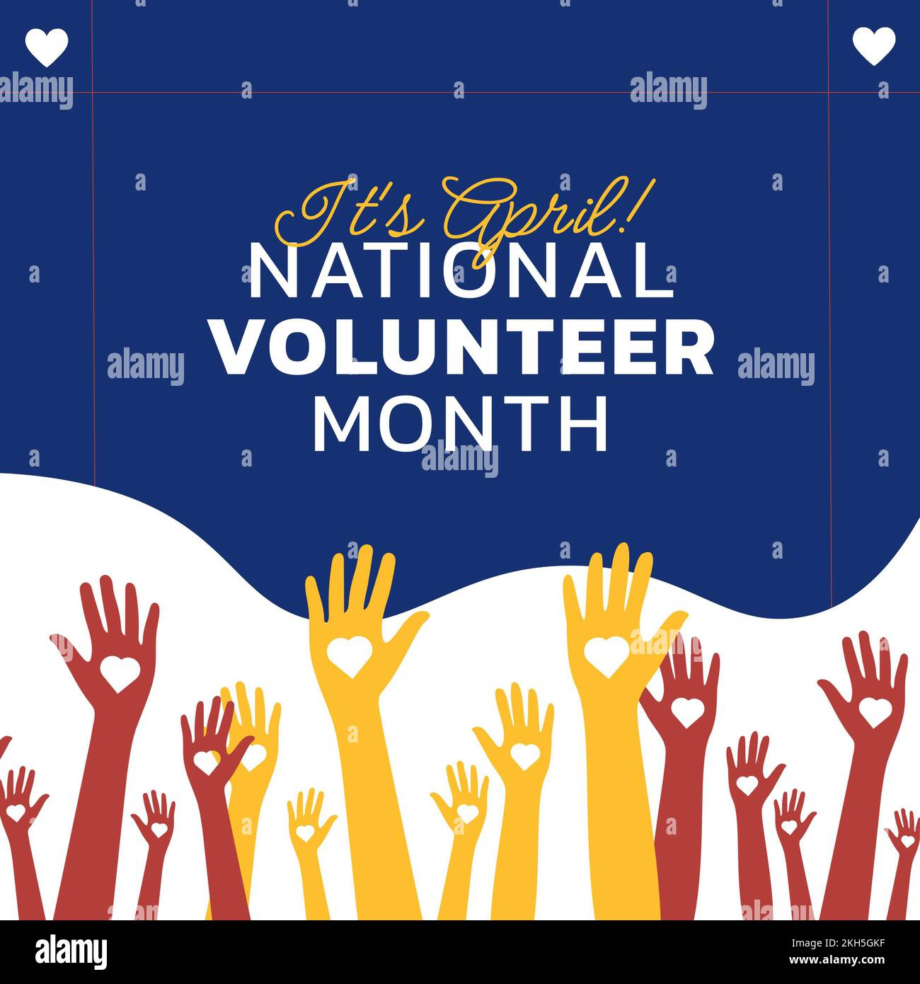 Composition of national volunteer month text over red and yellow hands ...