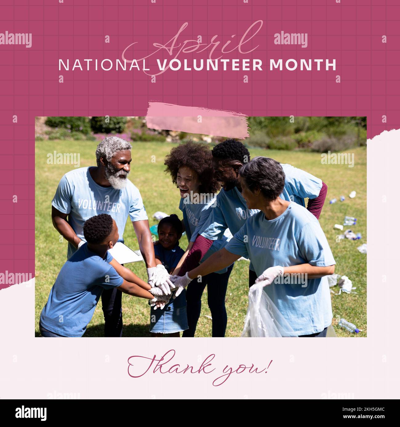 Composition of national volunteer month text over volunteers in park ...