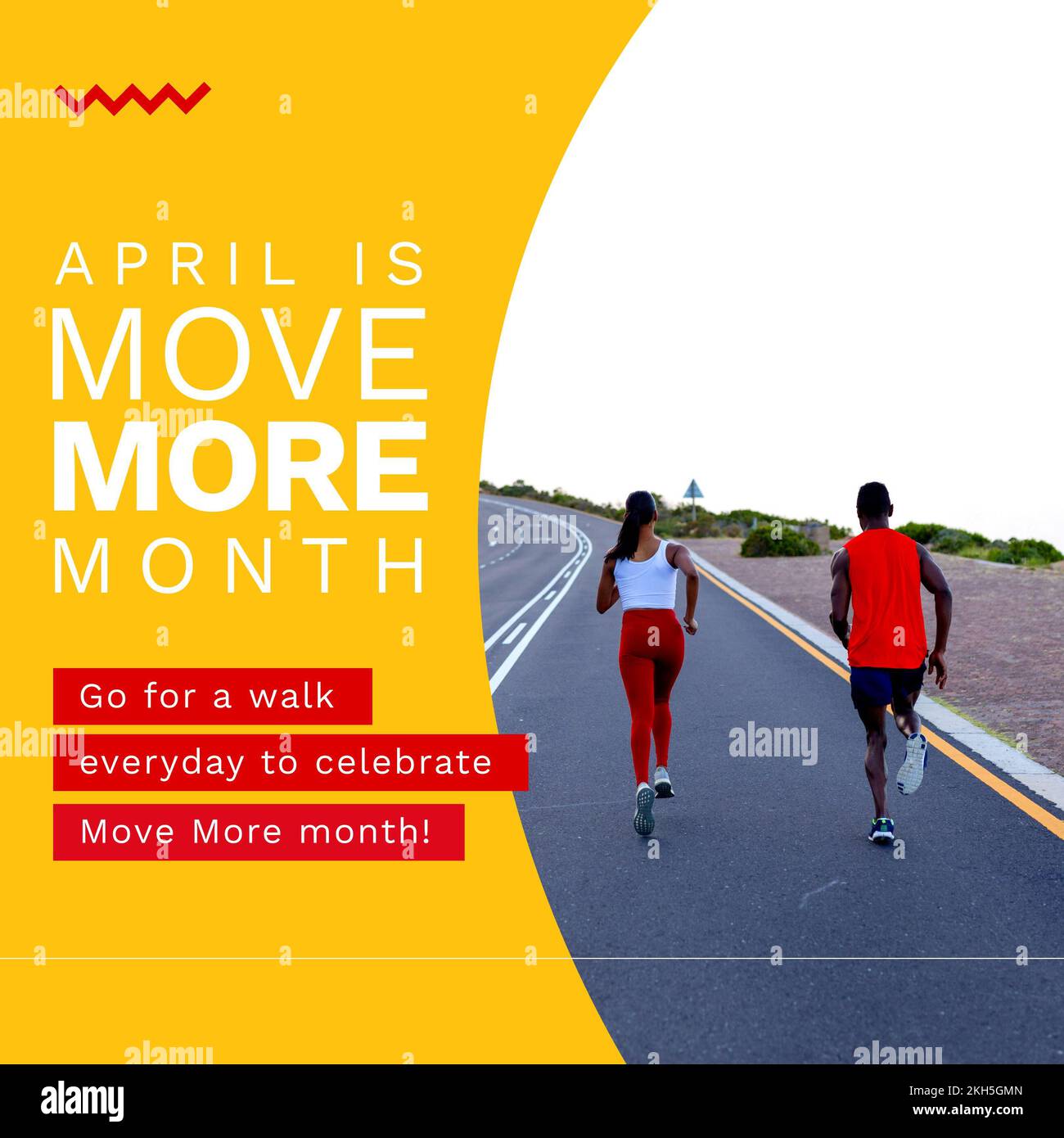 Composition of move more month text and man and woman running on road ...