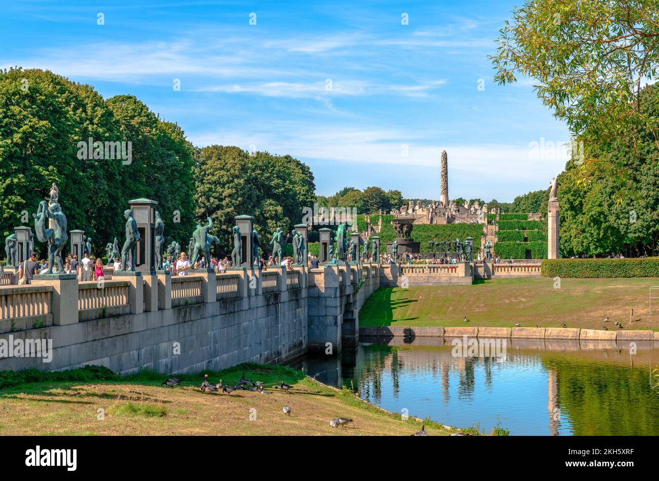 The bridge of Sculptures across the Frogner Park Lake and the tall ...