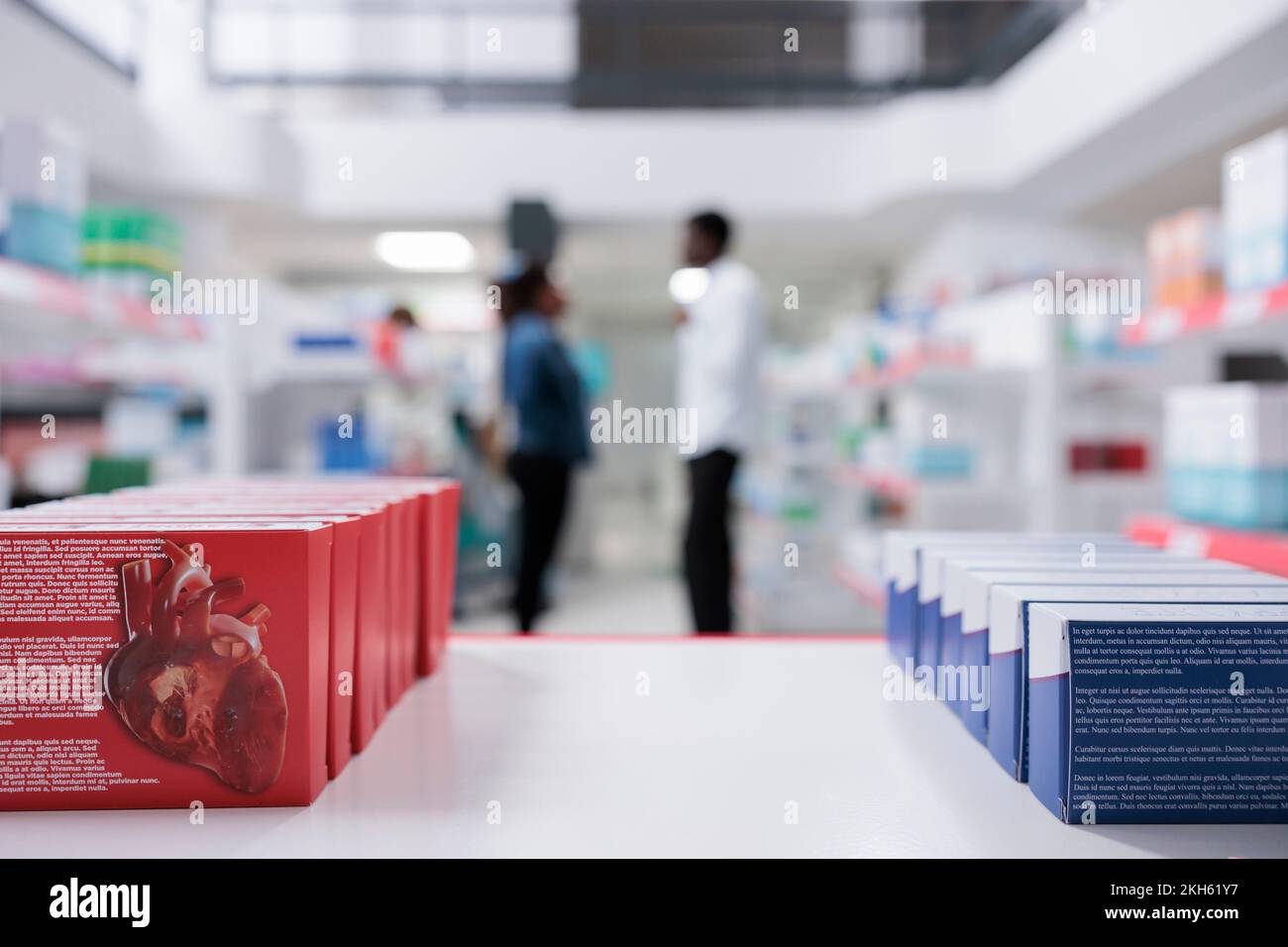 Medicament packages on pharmacy shelf closeup, selective focus ...