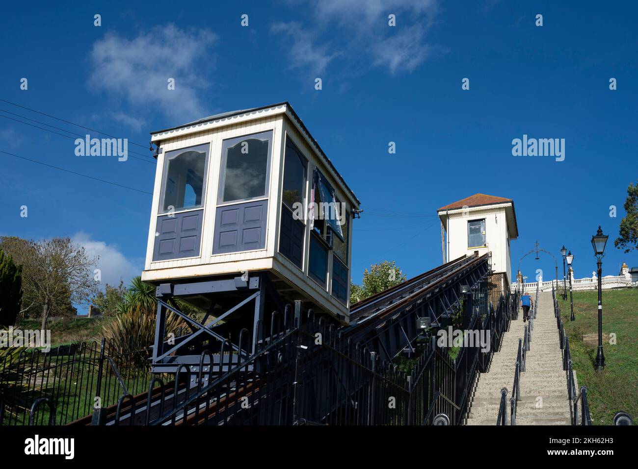 Cliff Lift at Southend on Sea, Essex, seafront on a sunny day. Historic ...