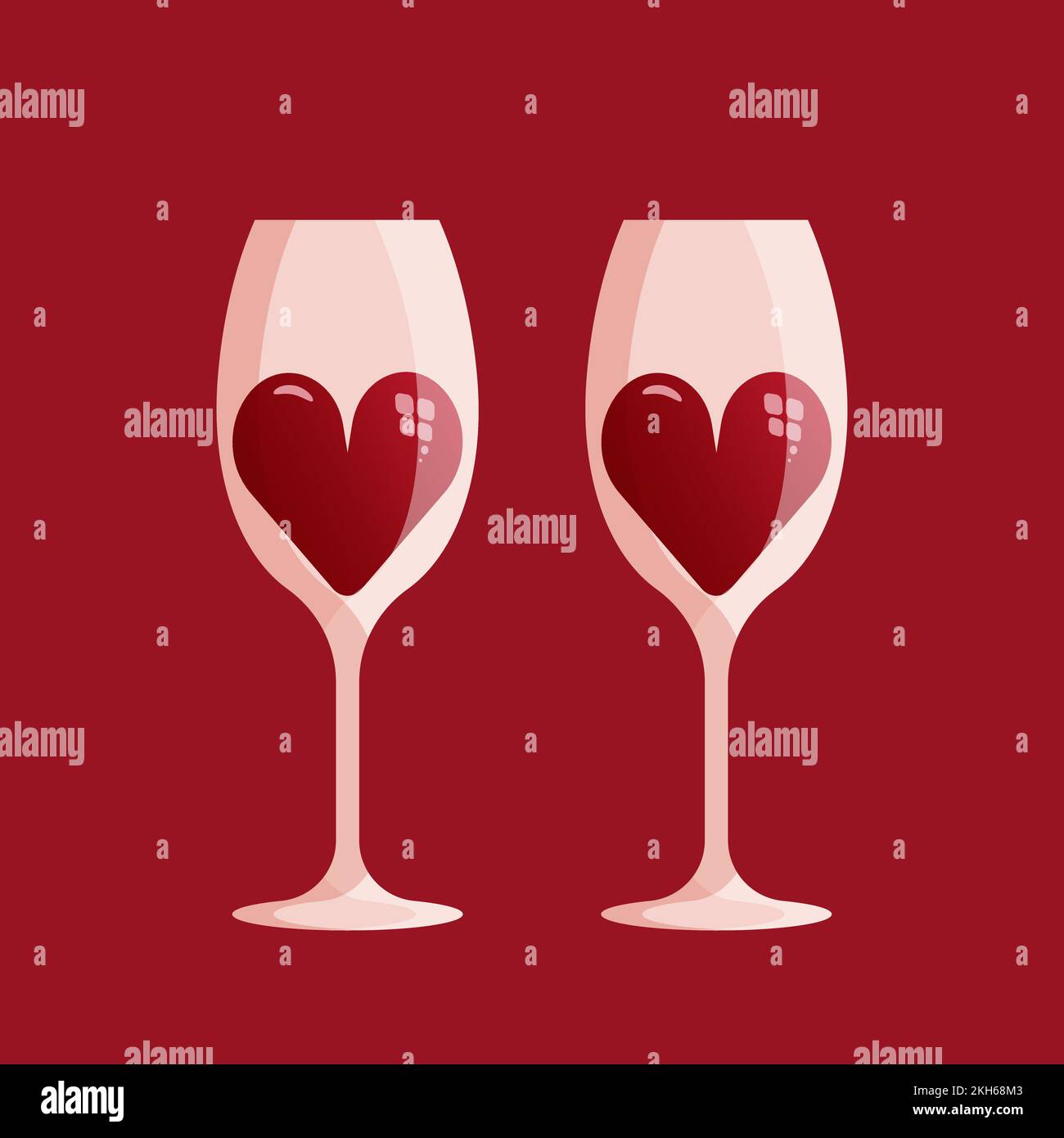 Two wine glasses with hearts. Two big red hearts in two wine glasses ...